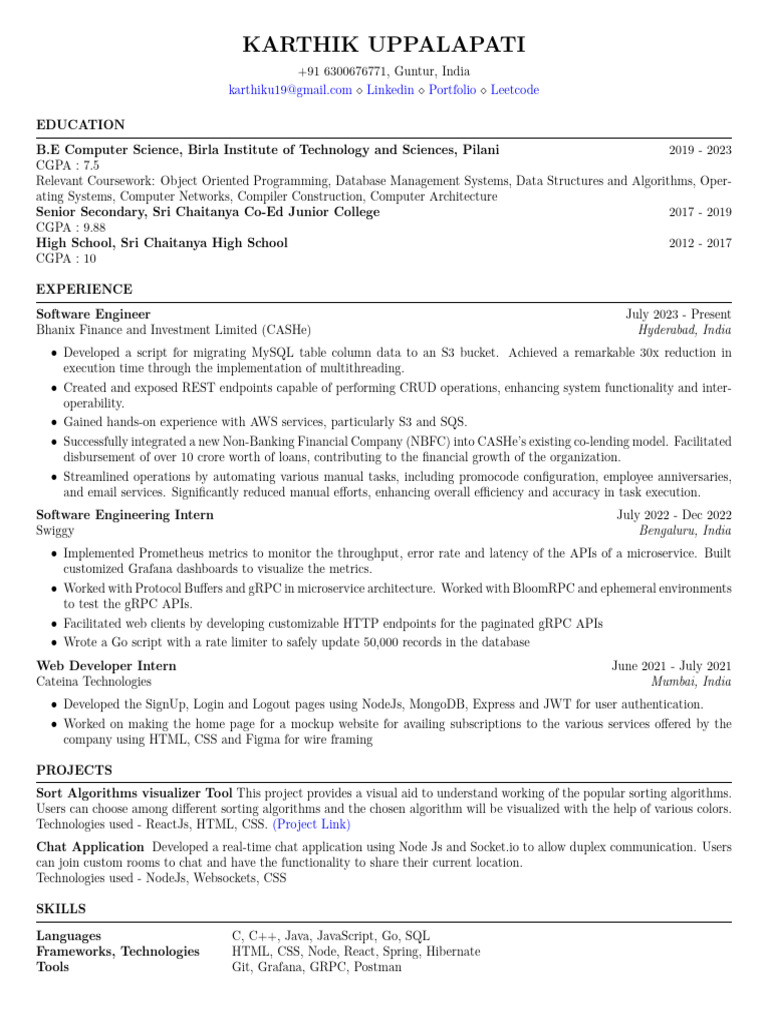 Karthik Uppalapati: Software Engineer Resume | PDF | Java Script | Systems Engineering