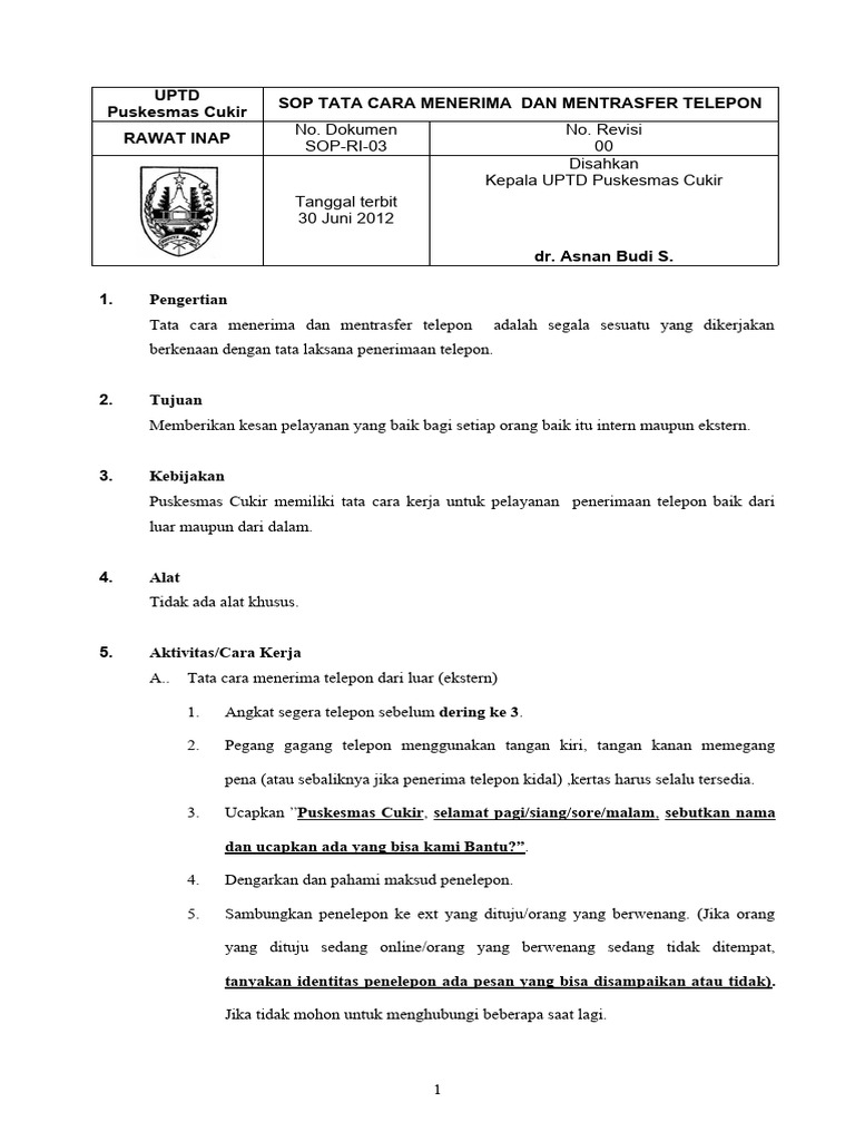 SOP-RI-03 SOP TATA CARA MENERIMA Dan MENTRANSFER TELEPON | PDF | Kesehatan Holistik