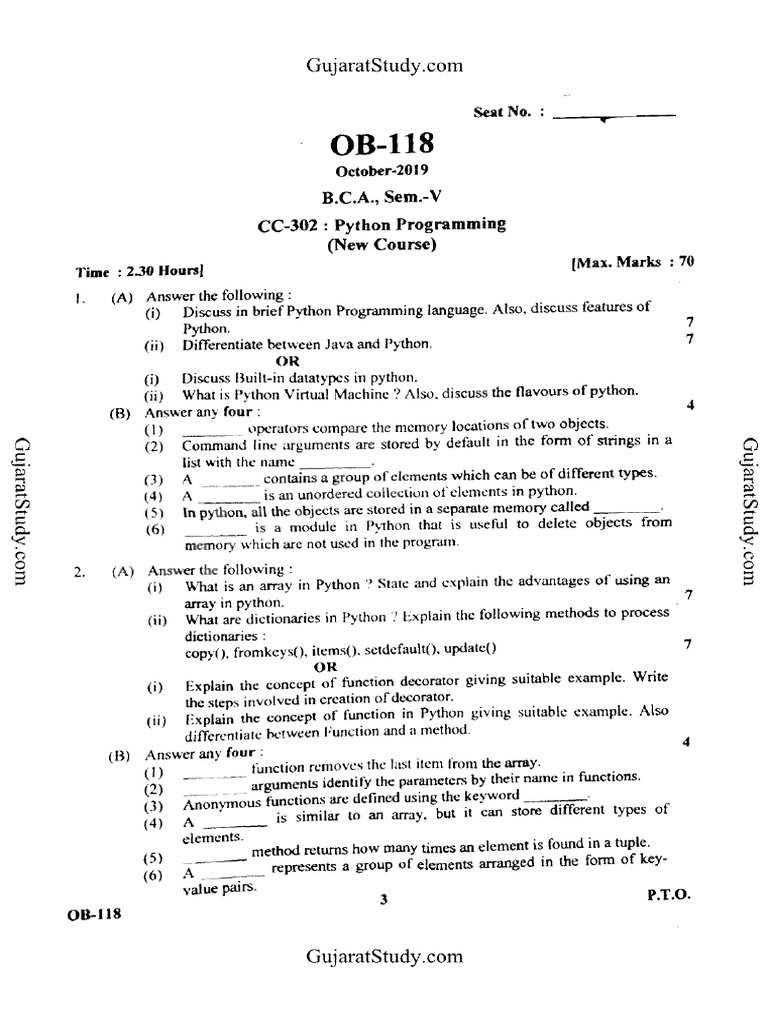 Bca 5 Sem Pythos Programming Ob 118 Oct 2019 | PDF