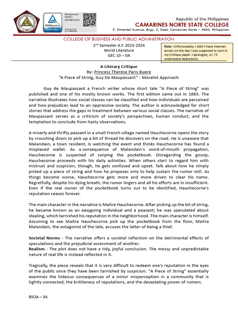 Critique - A Piece of String- De Mapaussant - Moralist Approach | PDF