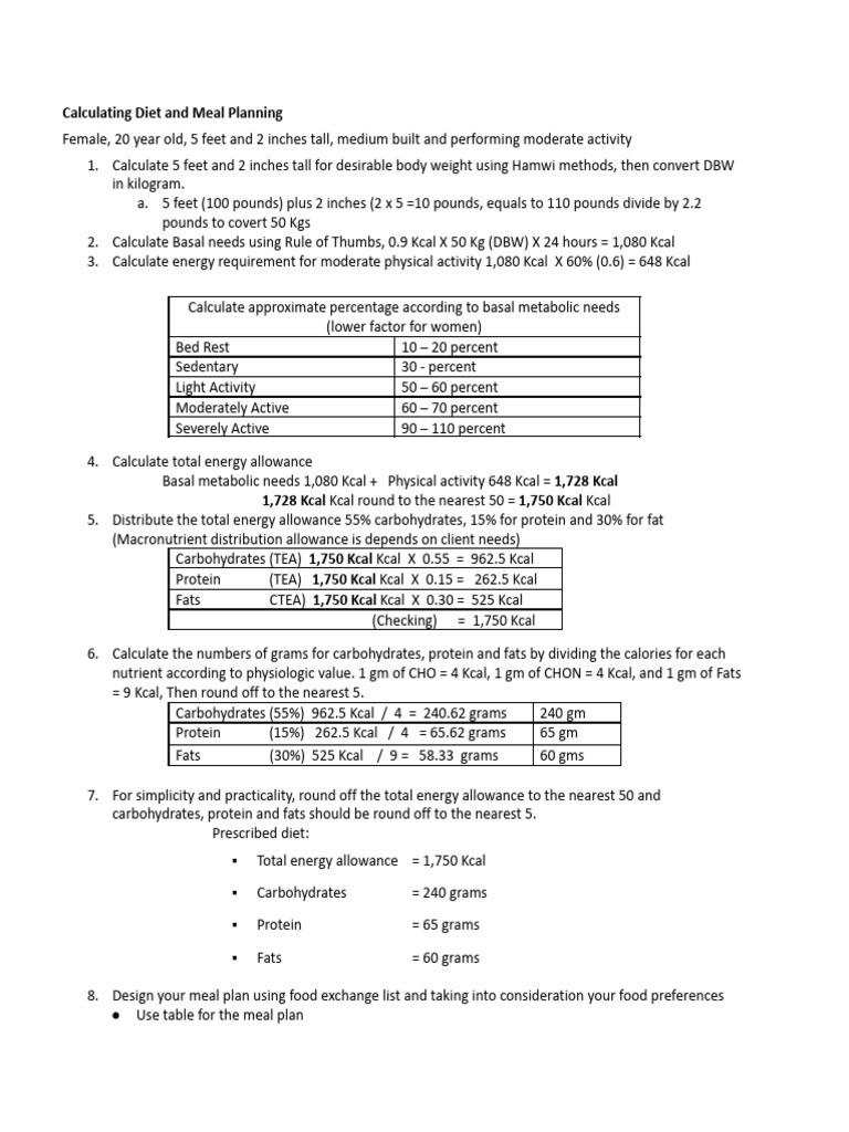 Calculating Diet and Meal Planning | PDF