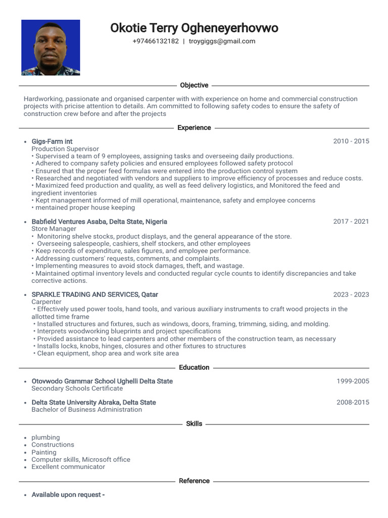 CV - Okotie Terry - Capenter2 | PDF | Carpentry | Inventory