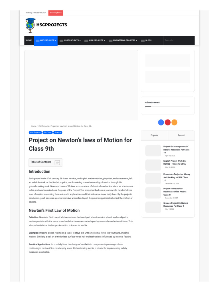 Newton's Laws of Motion Project Class 9 | PDF | Force | Newton's Laws ...