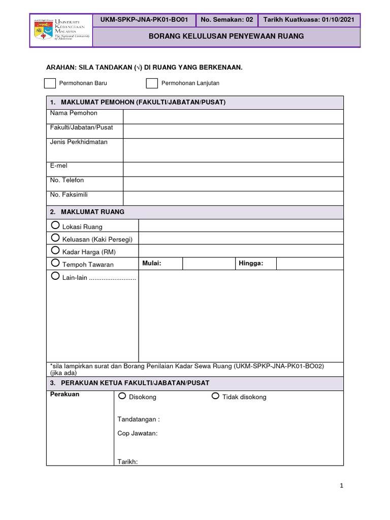 UKM-SPKP-JNA-PK01-BO01 Borang Kelulusan Penyewaan Ruang | PDF