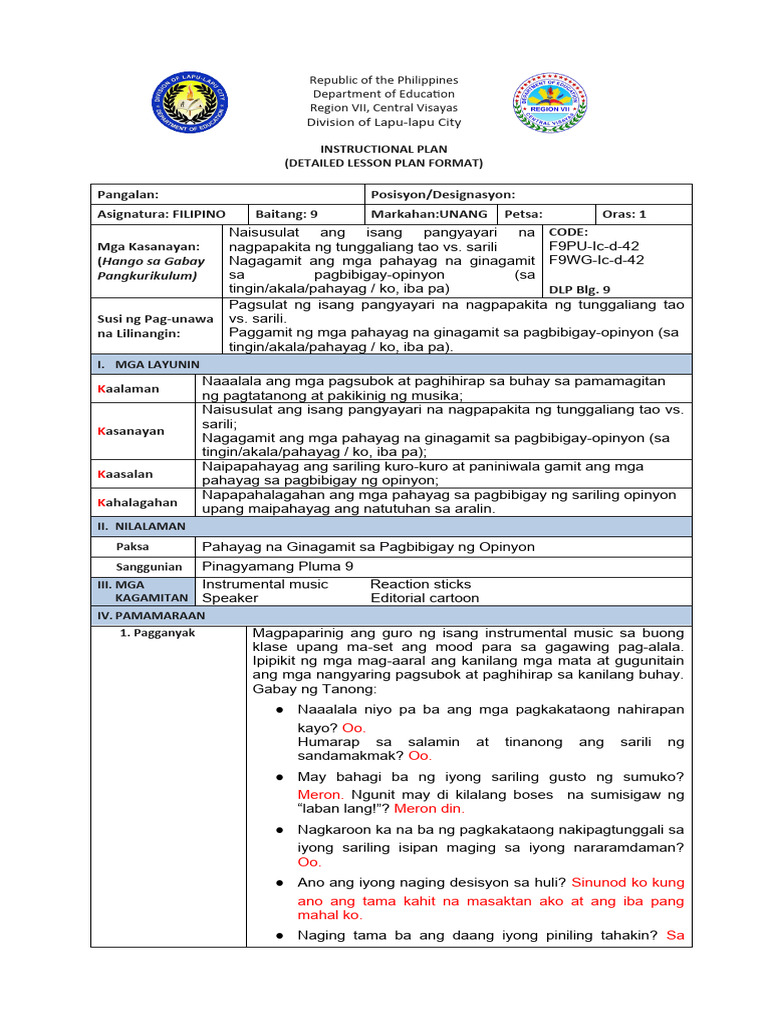 Pangalan: Posisyon/Designasyon: Asignatura: FILIPINO Baitang: 9 ...