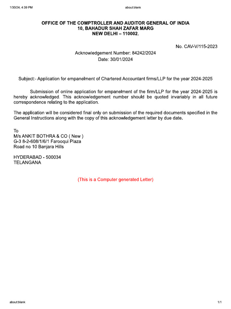 Acknowledgement of Application - Cag - 30.01.2024 | PDF