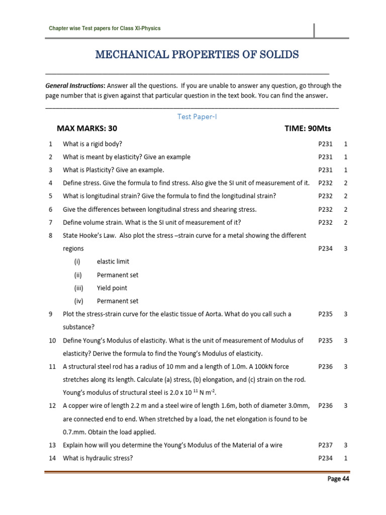 CBSE Class 11 Physics Mechanical Properties of Solids | PDF | Deformation (Engineering) | Young ...