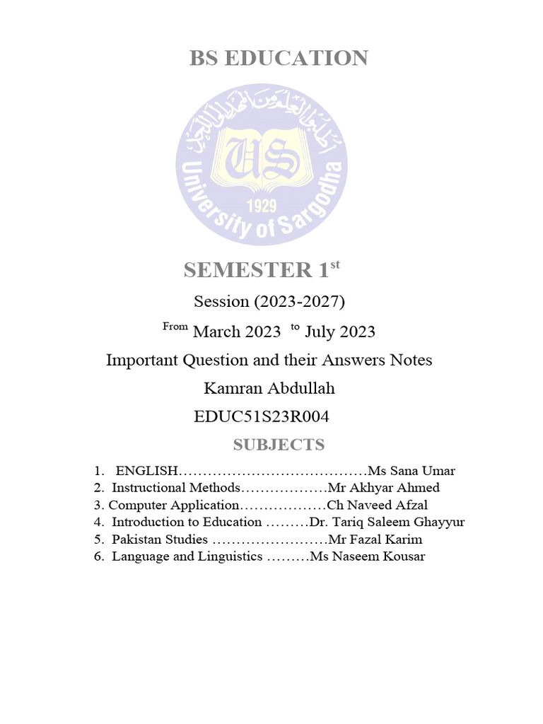 BS Education 1st Semester Overview | PDF | Printer (Computing) | Noun