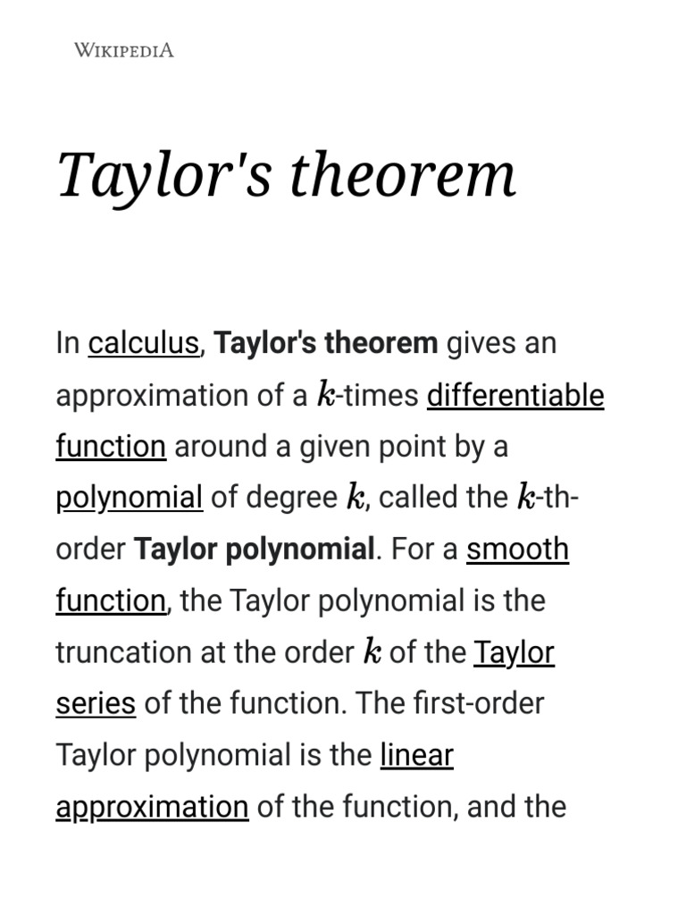 Taylor's Theorem - Wikipedia | PDF | Power Series | Derivative Taylor's Theorem - Wikipedia | PDF | Power Series | Derivative