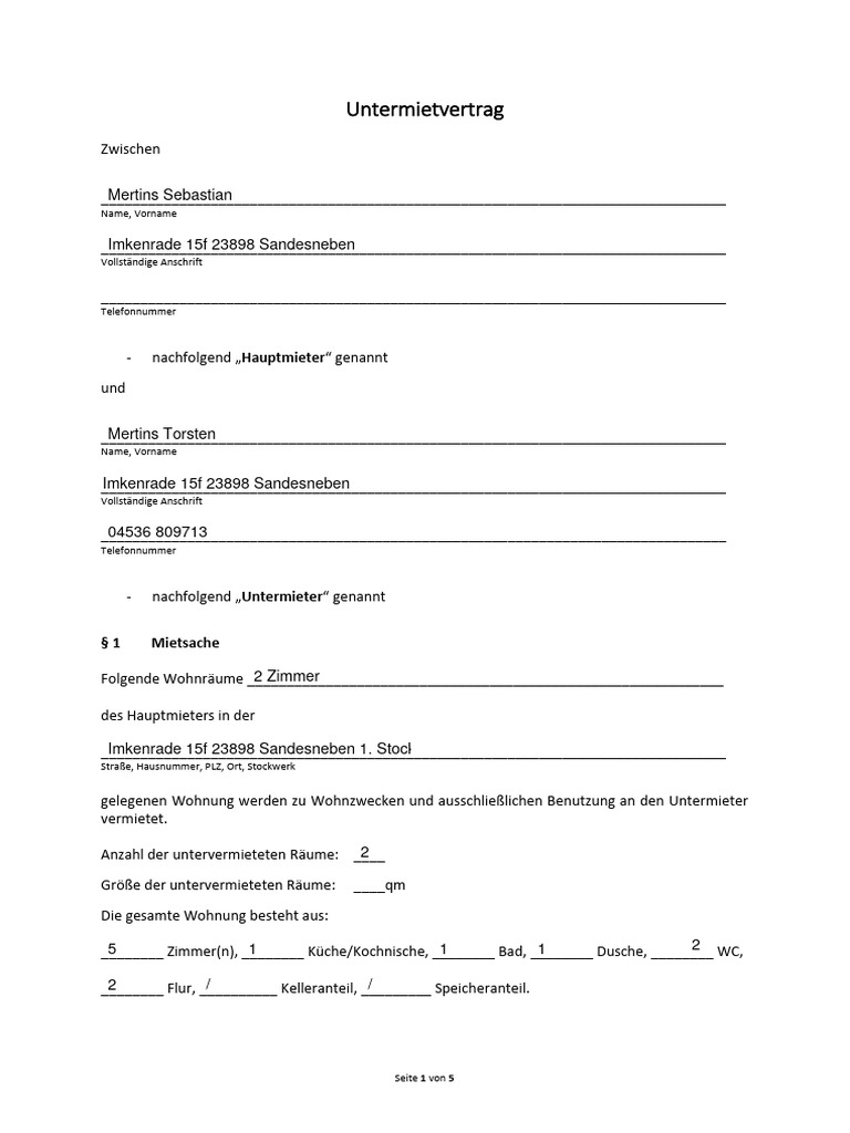 Untermietvertrag Mustervorlage Word PDF | PDF
