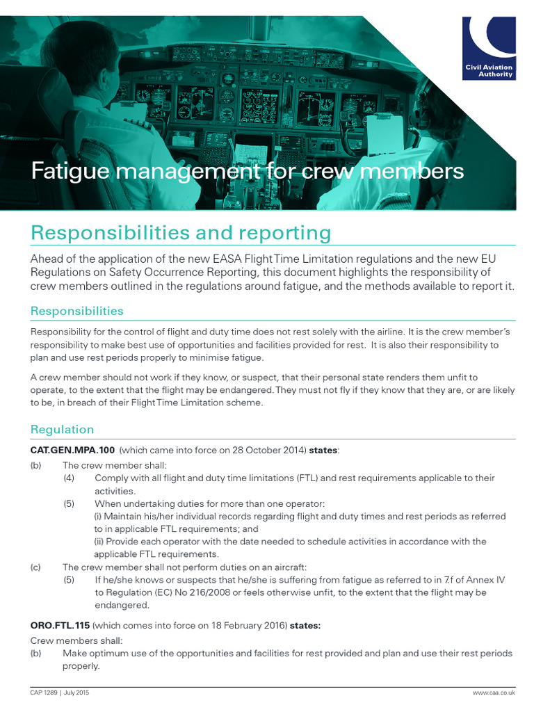CAP 1289 Fatigue Management For Crew Members | PDF | Whistleblower ...