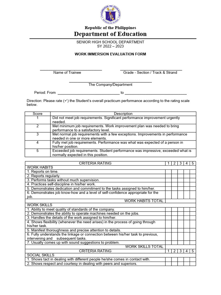 Work Immersion Evaluation Form | PDF | Behavioural Sciences | Learning