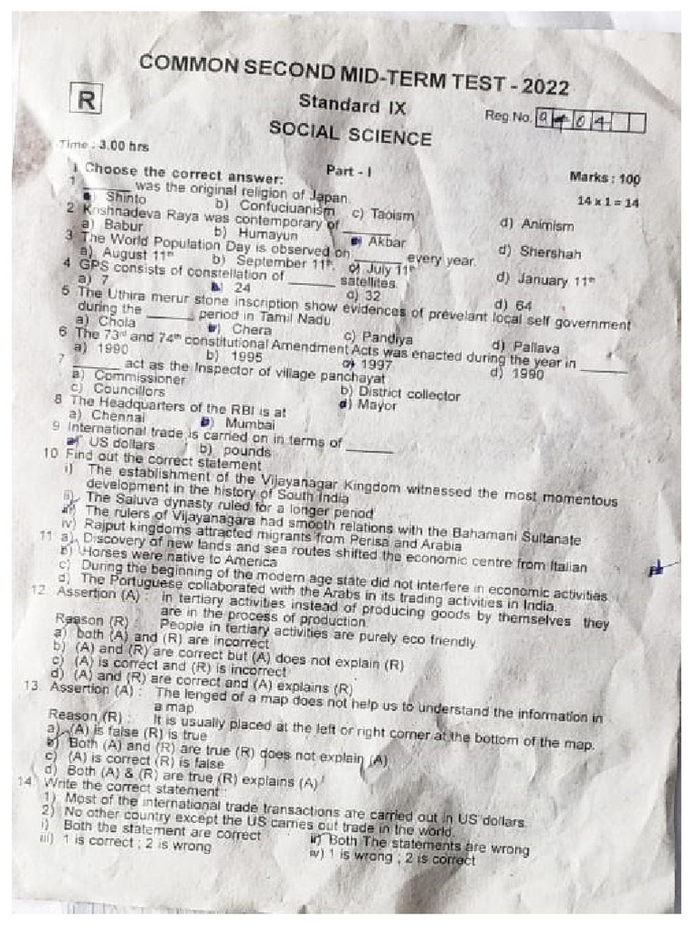 9th Social 2nd Mid Term Exam 2022 2023 Original Question Paper Ranipet ...