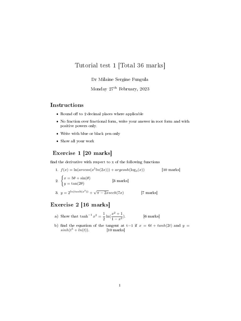 Tutorial Test 1 MTH260S | PDF