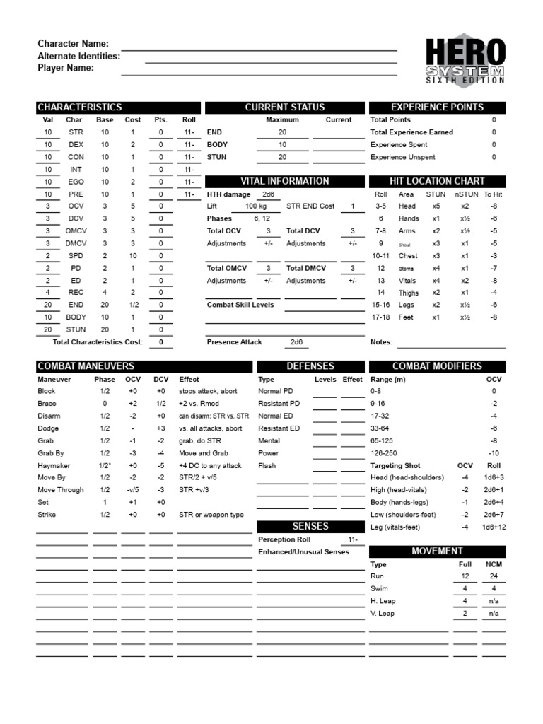 hero-6e-character-sheet-excel_compress | PDF | Role Playing Games