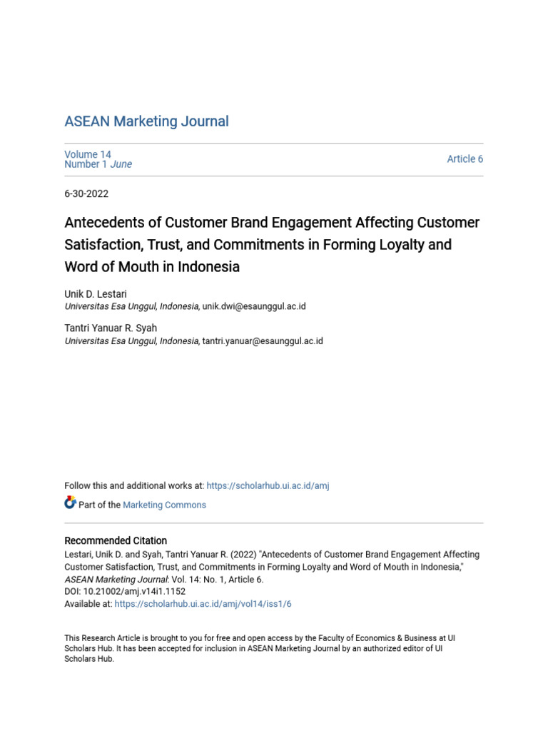 Antecedents of Customer Brand Engagement Affecting Customer Satisfaction Trust and Commitments ...