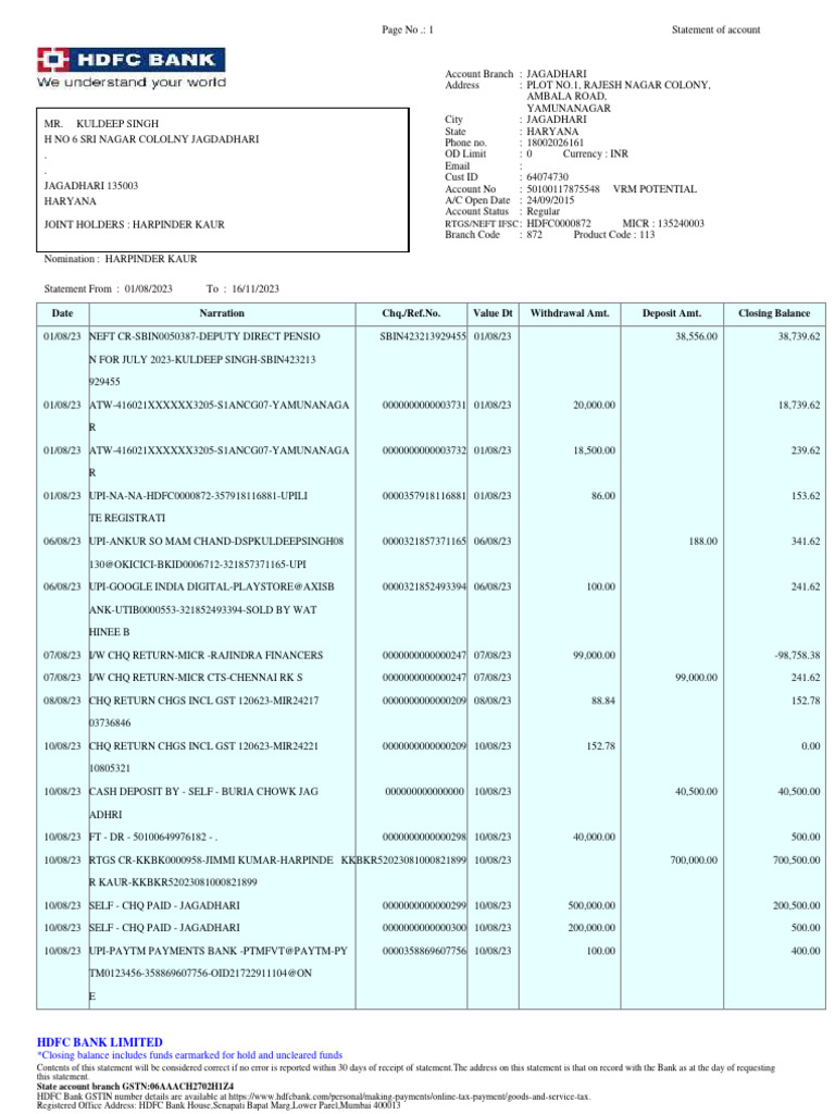 Date Narration Chq./Ref - No. Value DT Withdrawal Amt. Deposit Amt ...