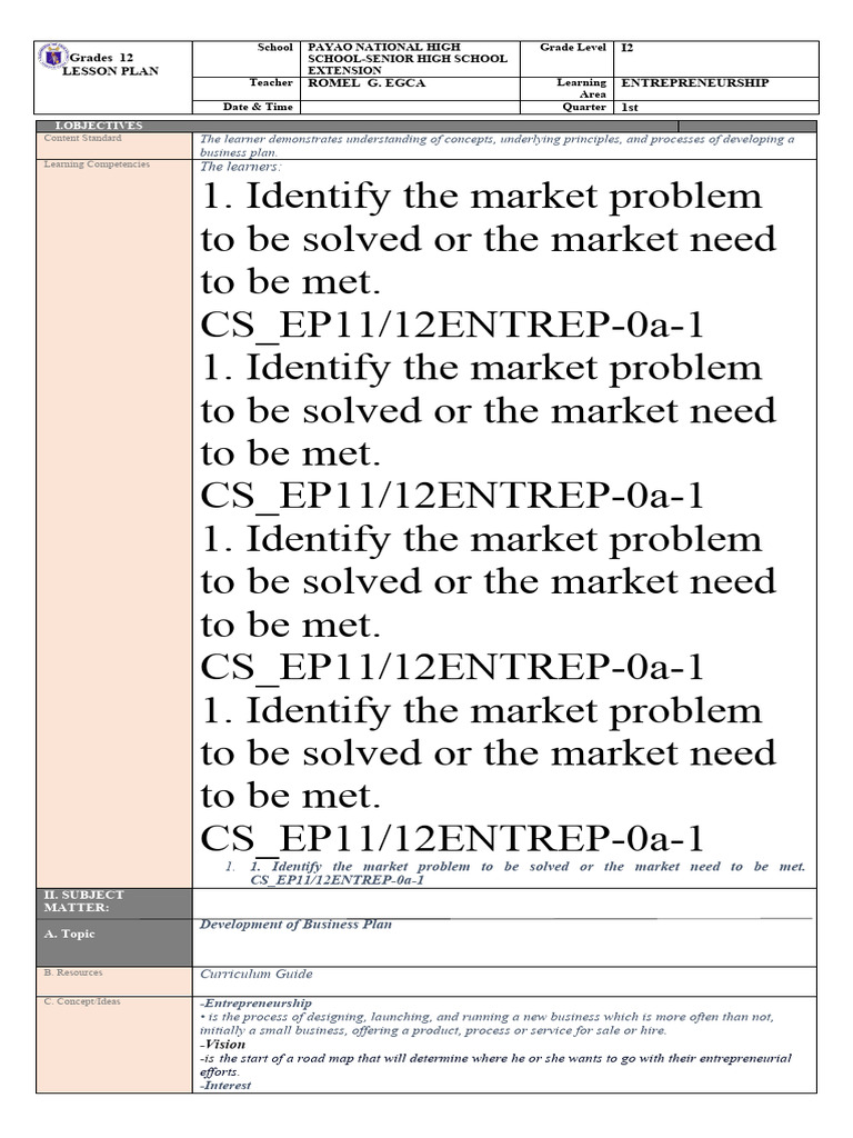 Final ENTREP CO PLAN23 ROMEL | PDF | Entrepreneurship | Teachers