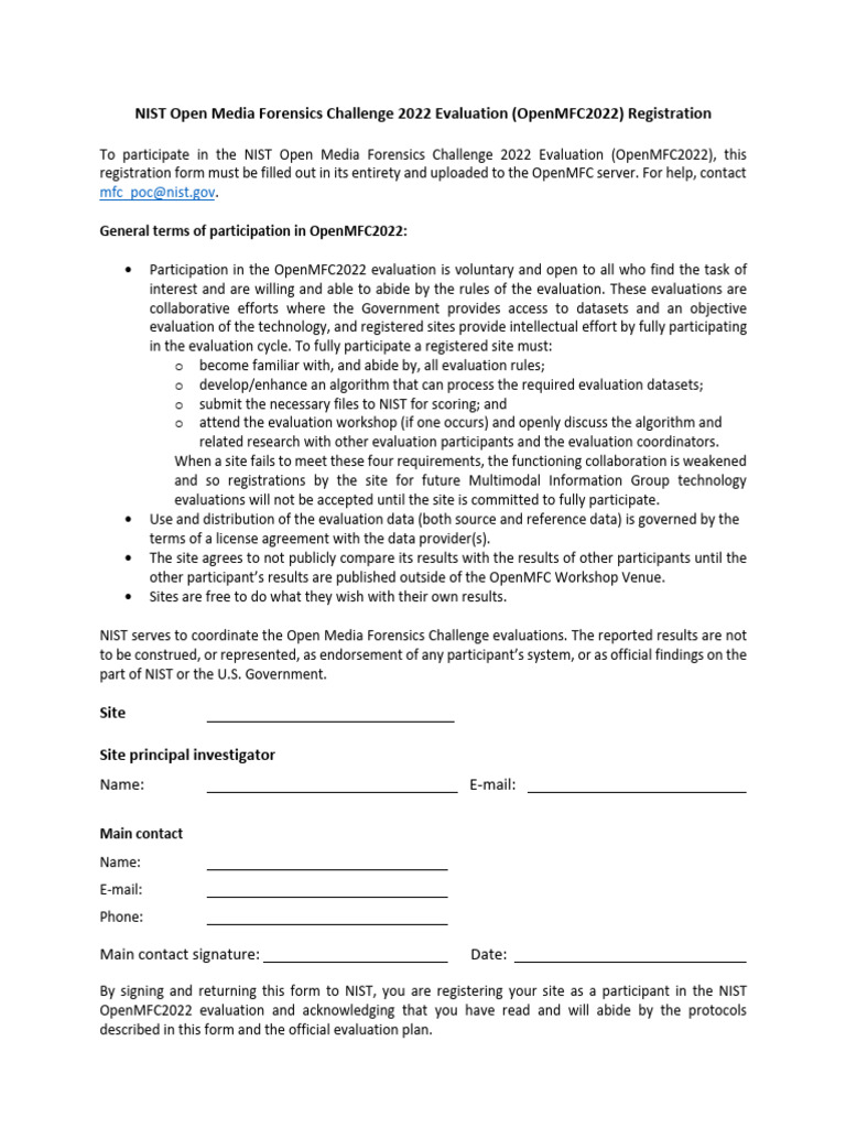 NIST Open Media Forensics Challenge 2022 Registration | PDF | Computers