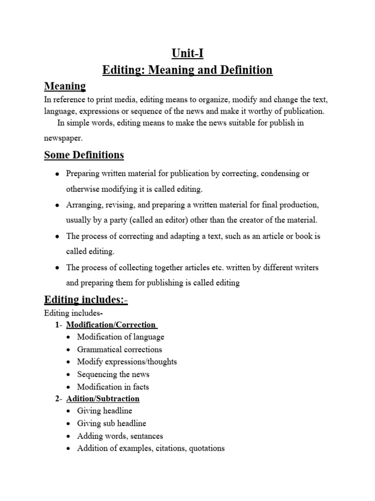 Unit 1 Editing - Meaning and Definition | PDF