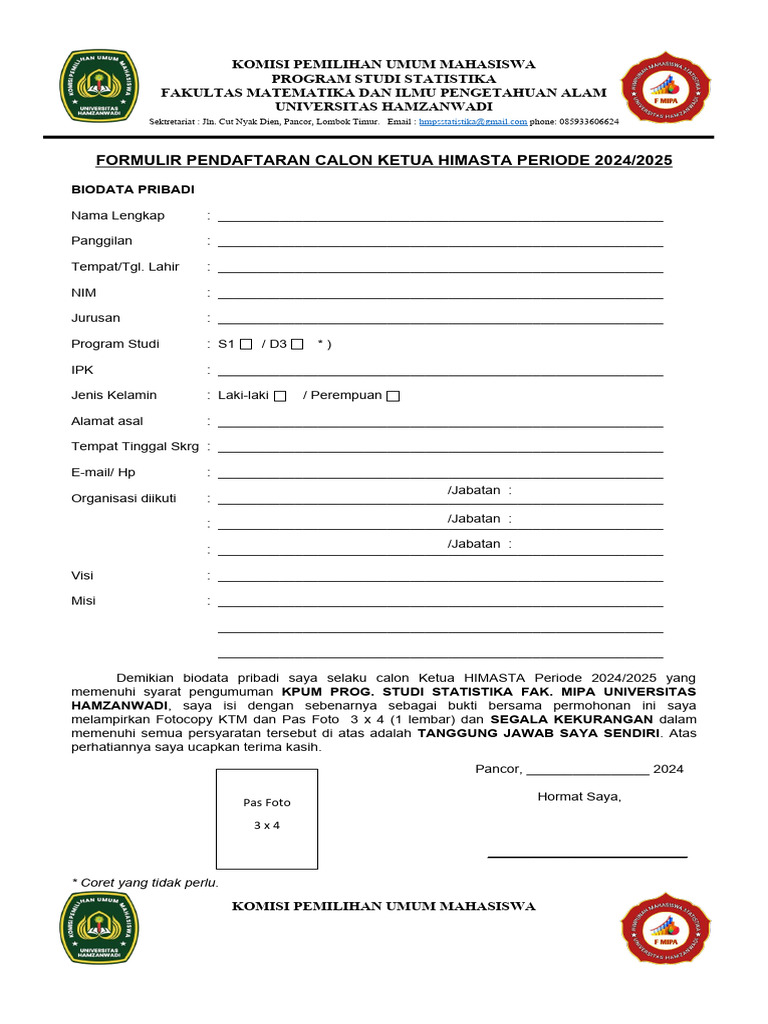 Formulir Pendaftaran Calon Ketua Dan Sekretaris Himasta 2024 | PDF