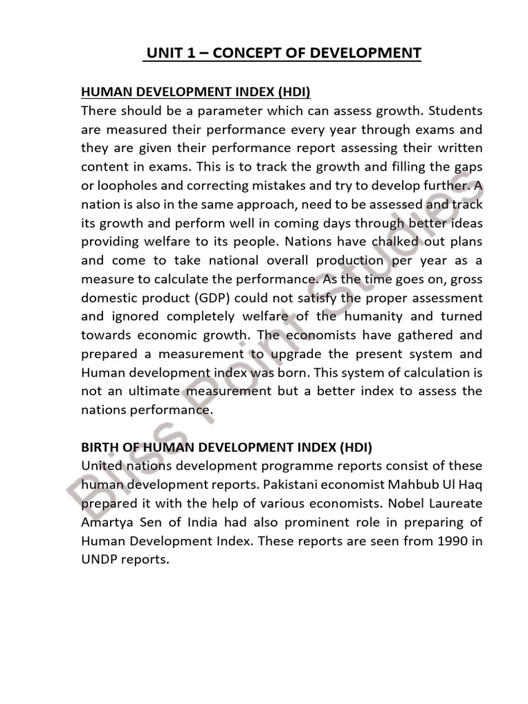 Unit 1 - Concept of Development | PDF | Human Development Index | Economic Growth