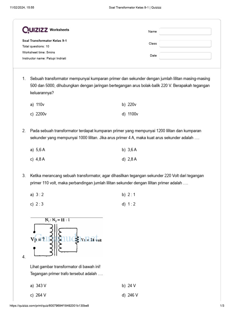 Soal Transformator Kelas 9-1 - Quizizz | PDF