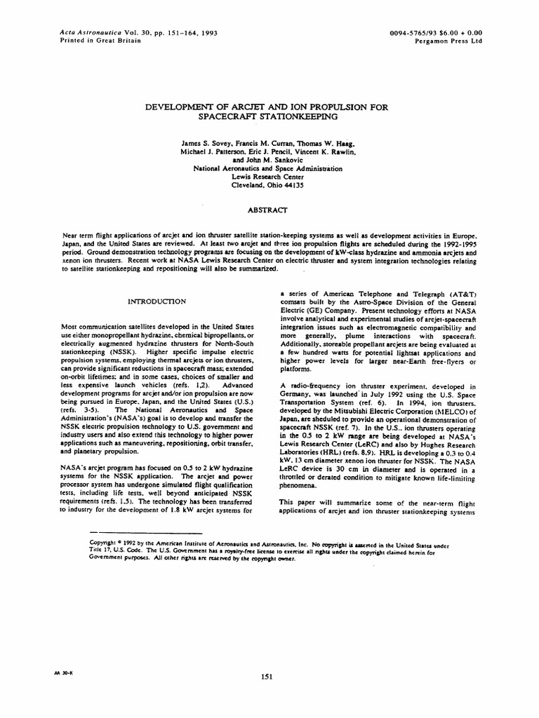Development of Arcjet and Ion Propulsion For Spacecraft S - 1993 - Acta ...