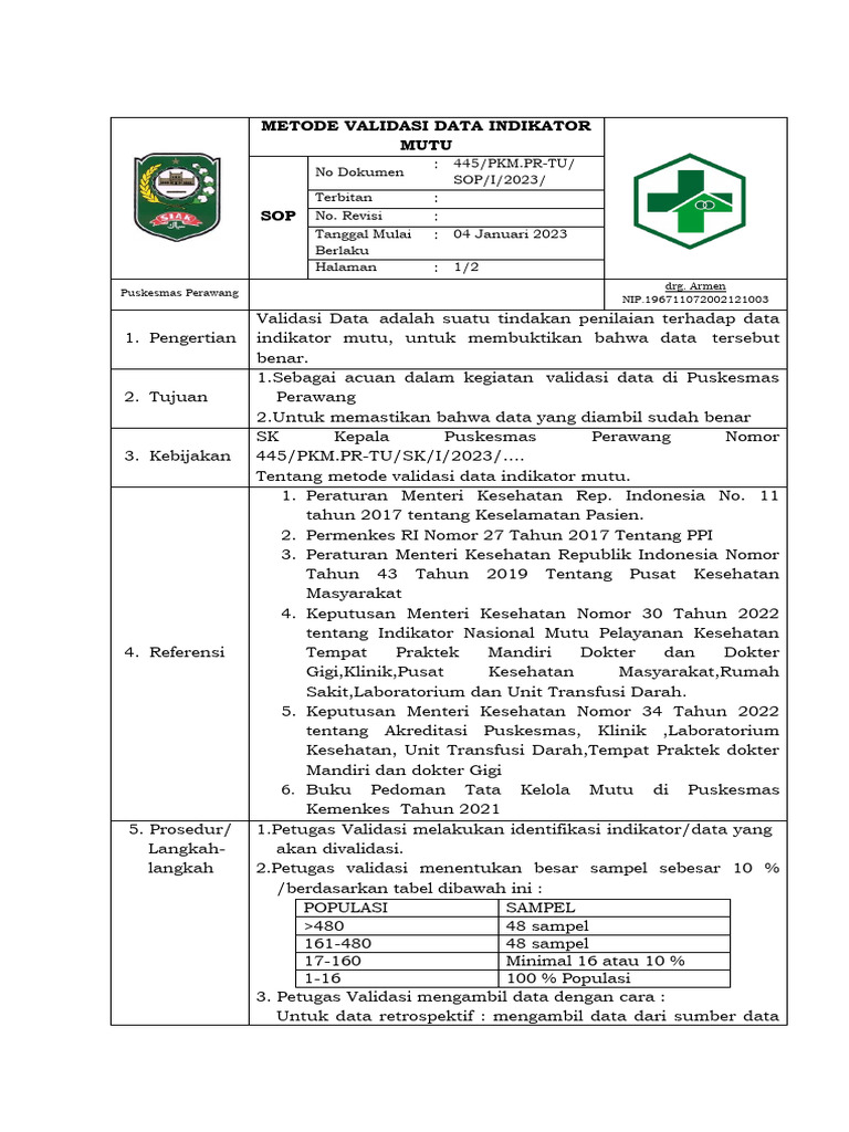 Sop Metode Validasi Data Indikator Mutu | PDF | Pengelolaan Keuangan ...