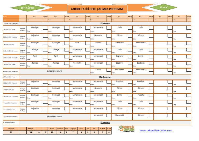 2024 12.sinif YKS Yariyil Ders Calisma Programi | PDF