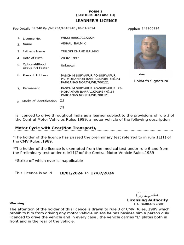 Learner's Licence Form 3 Details | PDF