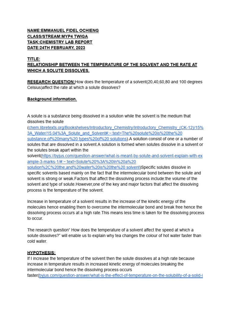 CHEMISTRY CRITERION B AND C LAB REPORT | PDF | Water | Solvent