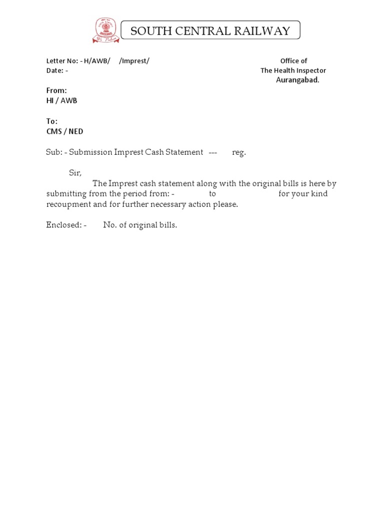 South Central Railway: Letter No: - H/AWB/ /imprest/ Office of Date ...