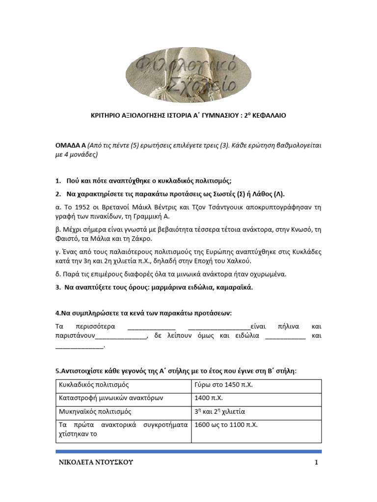ΚΡΙΤΗΡΙΟ ΑΞΙΟΛΟΓΗΣΗΣ ΙΣΤΟΡΙΑ Α΄ ΓΥΜΝΑΣΙΟΥ 2ο ΚΕΦΑΛΑΙΟ | PDF