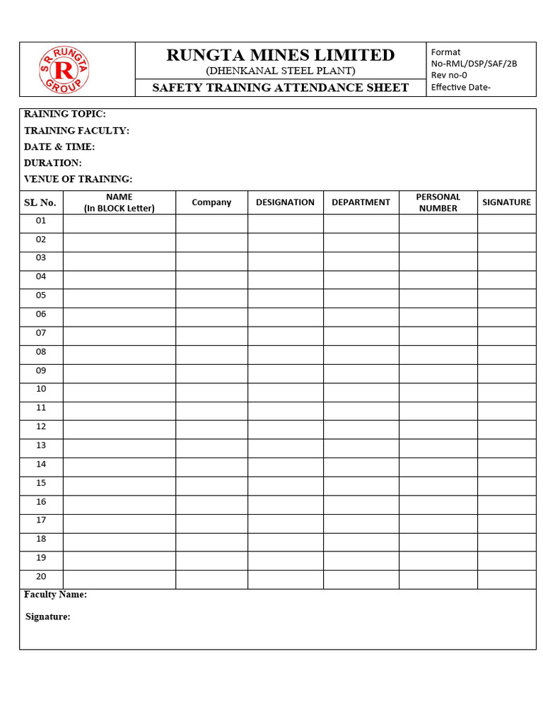 RML Safety Training Attendance Sheet | PDF