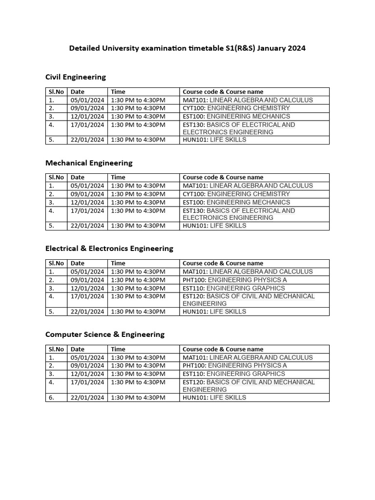 S1 Exam Timetable January 2024 | PDF | Technology & Engineering