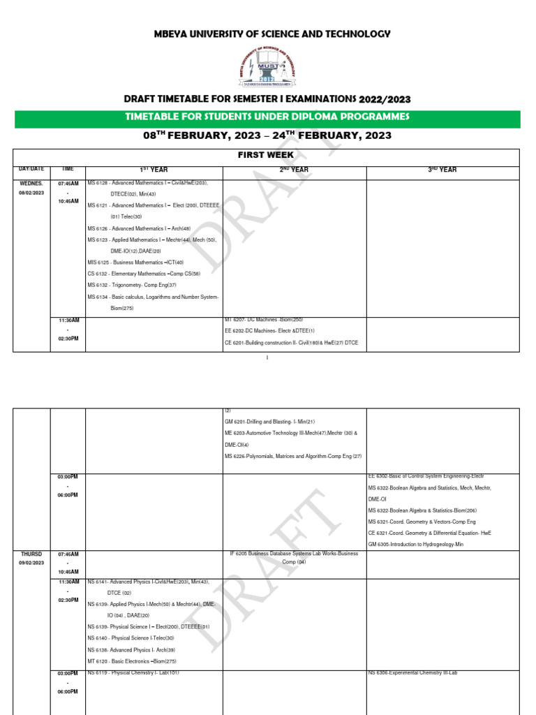 Draft Timetable | Download Free PDF | Electrical Engineering | Mathematics