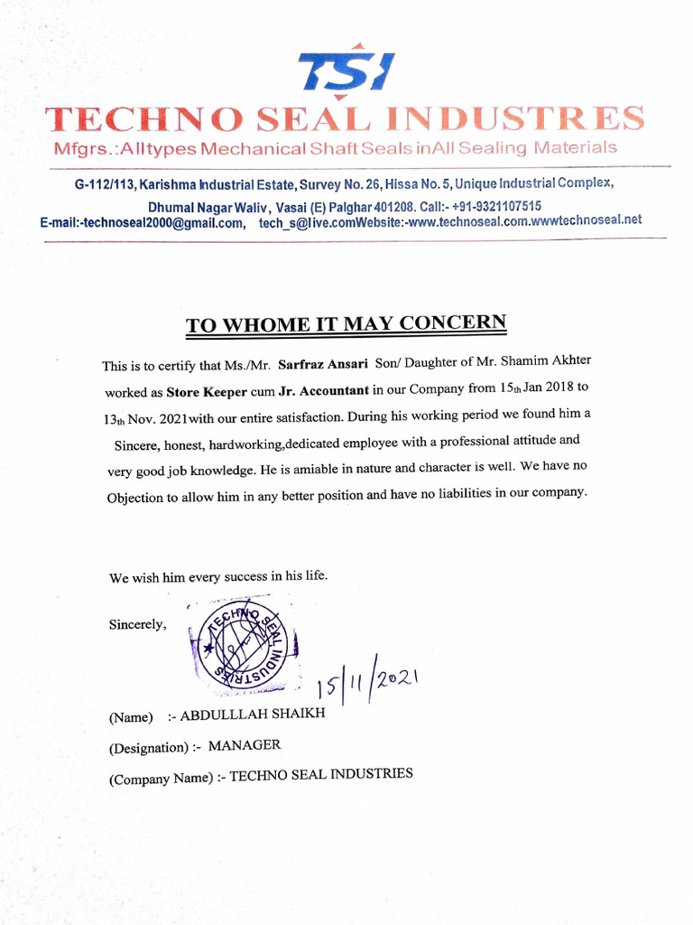 Store Keeper Experience Certificate | PDF