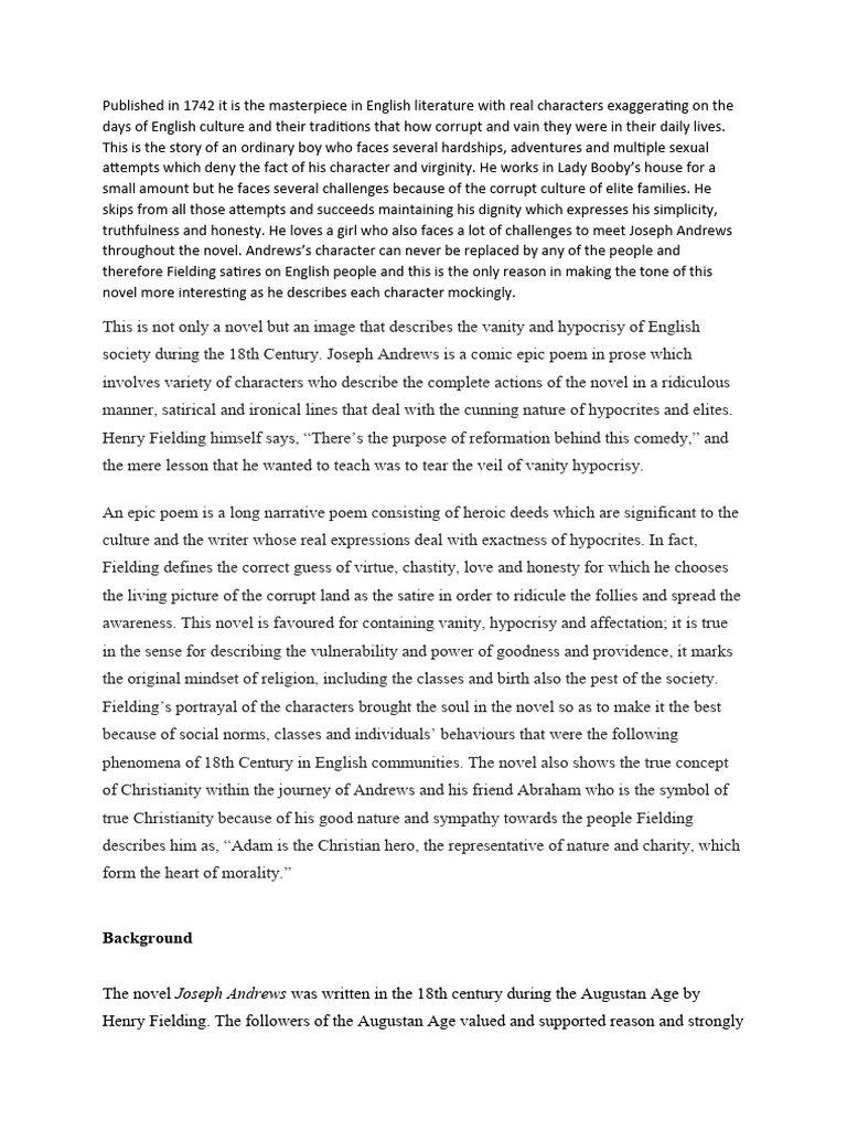Introduction and Background of Joseph Andrews | PDF | Satire | Novels