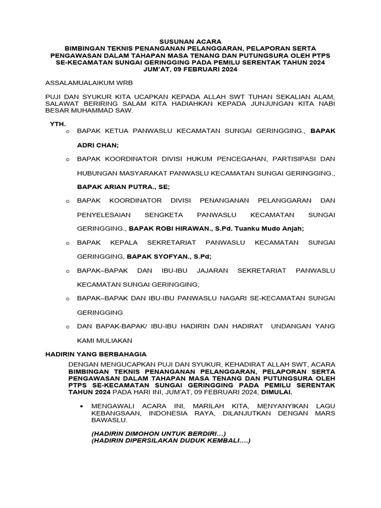 SUSUNAN ACARA BIMTEK 09 Februari 2024 | PDF