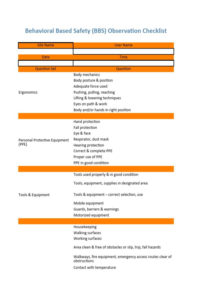 BBS Observation Checklist Template | PDF | Personal Protective ...
