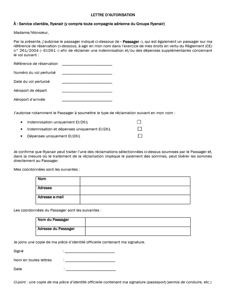 Autorisation Parentale Ryanair EU261 | PDF