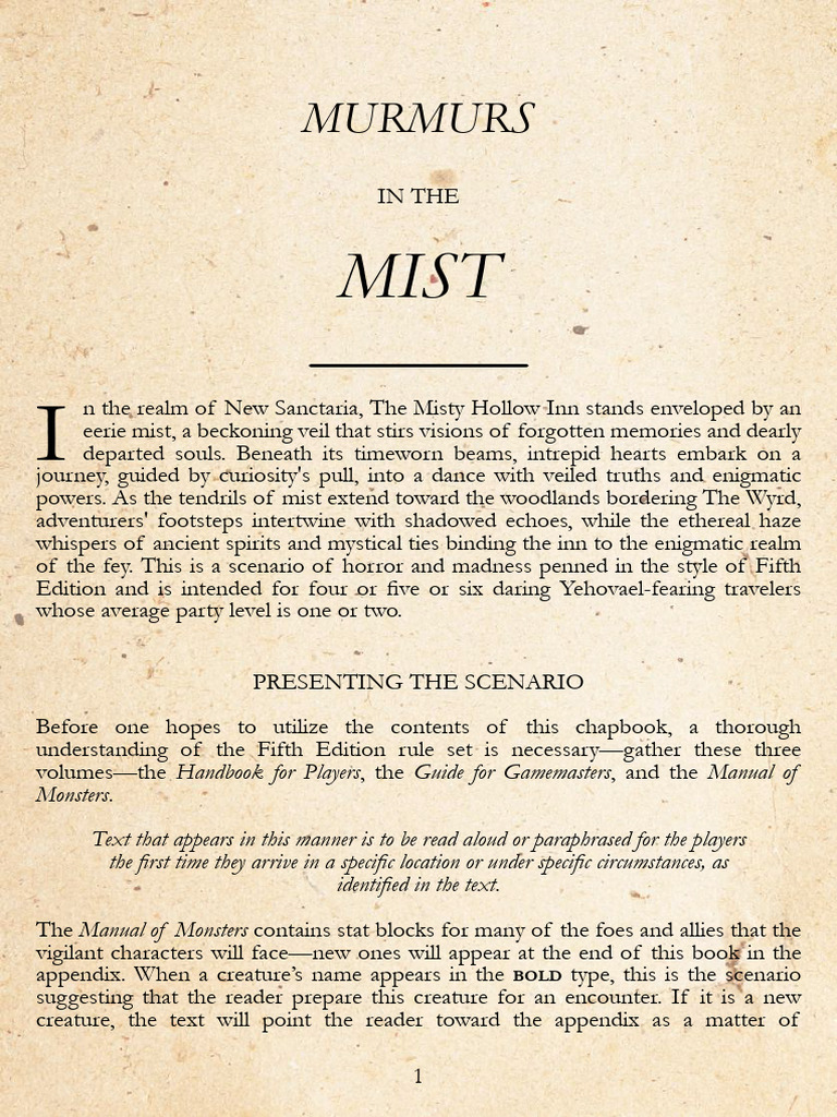 DMDave - Witchfinder's Grimoire - Murmurs in The Mist (Level 1 or 2 Adventure) | PDF | Ghosts