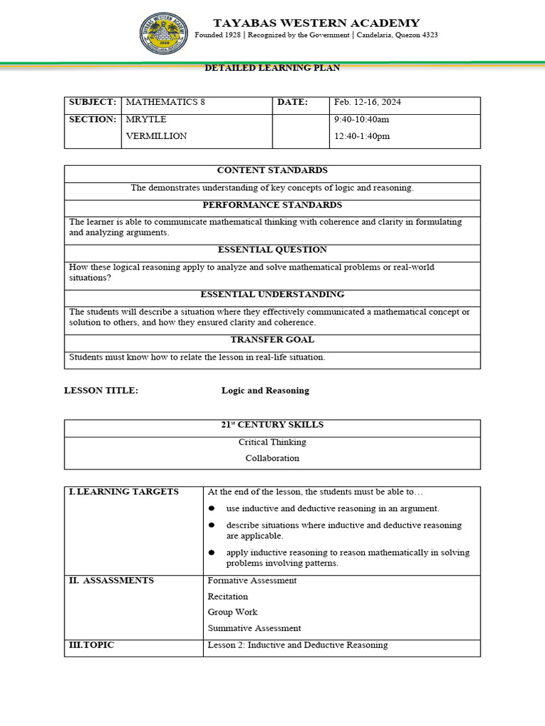 Math Logic for Grade 8 Students | PDF | Deductive Reasoning | Inductive Reasoning