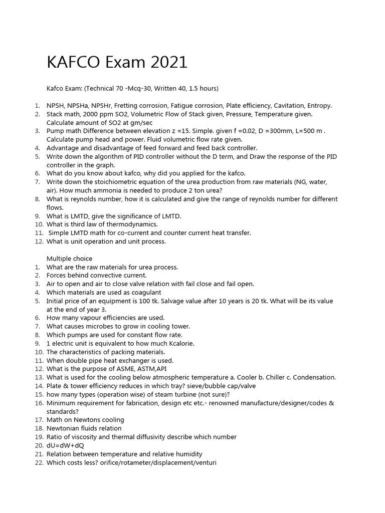 KAFCO Exam 2021 | PDF | Heat Transfer | Pump