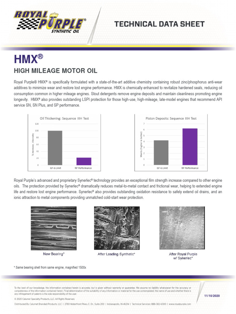 Royal Purple HMX Motor Oil PDS 05nov2020 | PDF | Motor Oil | Mechanical Engineering