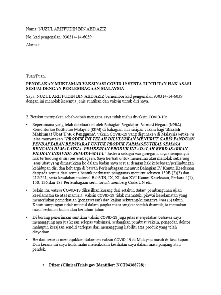 Surat Tolak Vaksin Updated | PDF