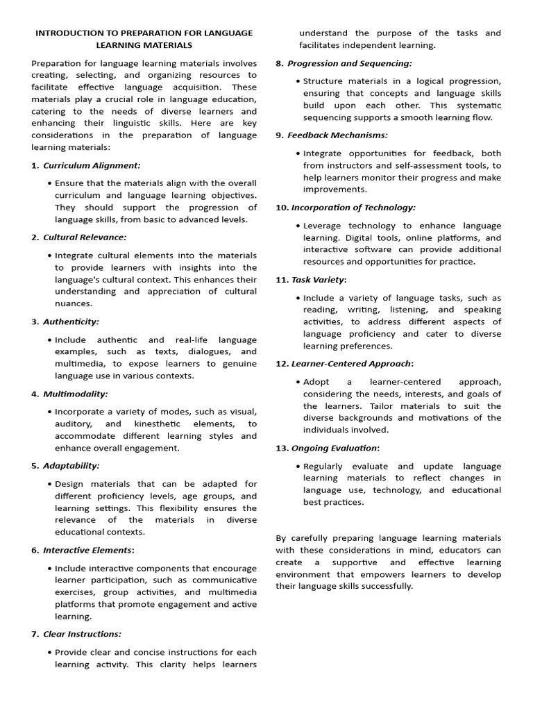 INTRODUCTION-TO-PREPARATION-FOR-LANGUAGE-LEARNING-MATERIALS | PDF | Learning | Language Acquisition
