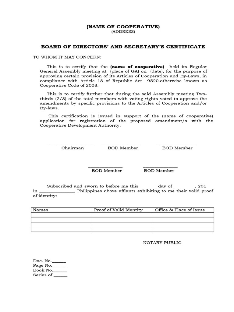 Bod and Secretary Certificate | PDF | Business