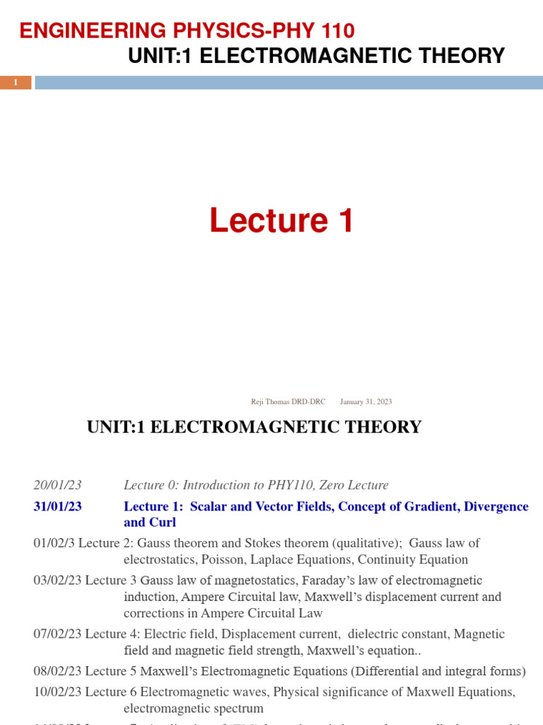 PHY110-Unit1-Lecture 1 - 22648 - RT | PDF | Euclidean Vector | Divergence